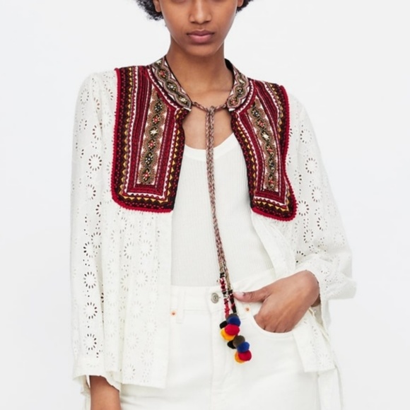 Zara | Jackets & Coats | Zara Embroidered Embellished Eyelet Jacket Pom ...